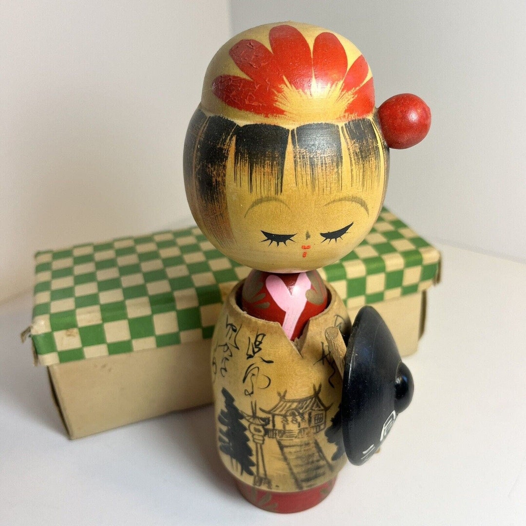 Japanese KOKESHI Wood Doll Vintage Hand Painted 6.5 Inch With Original ...