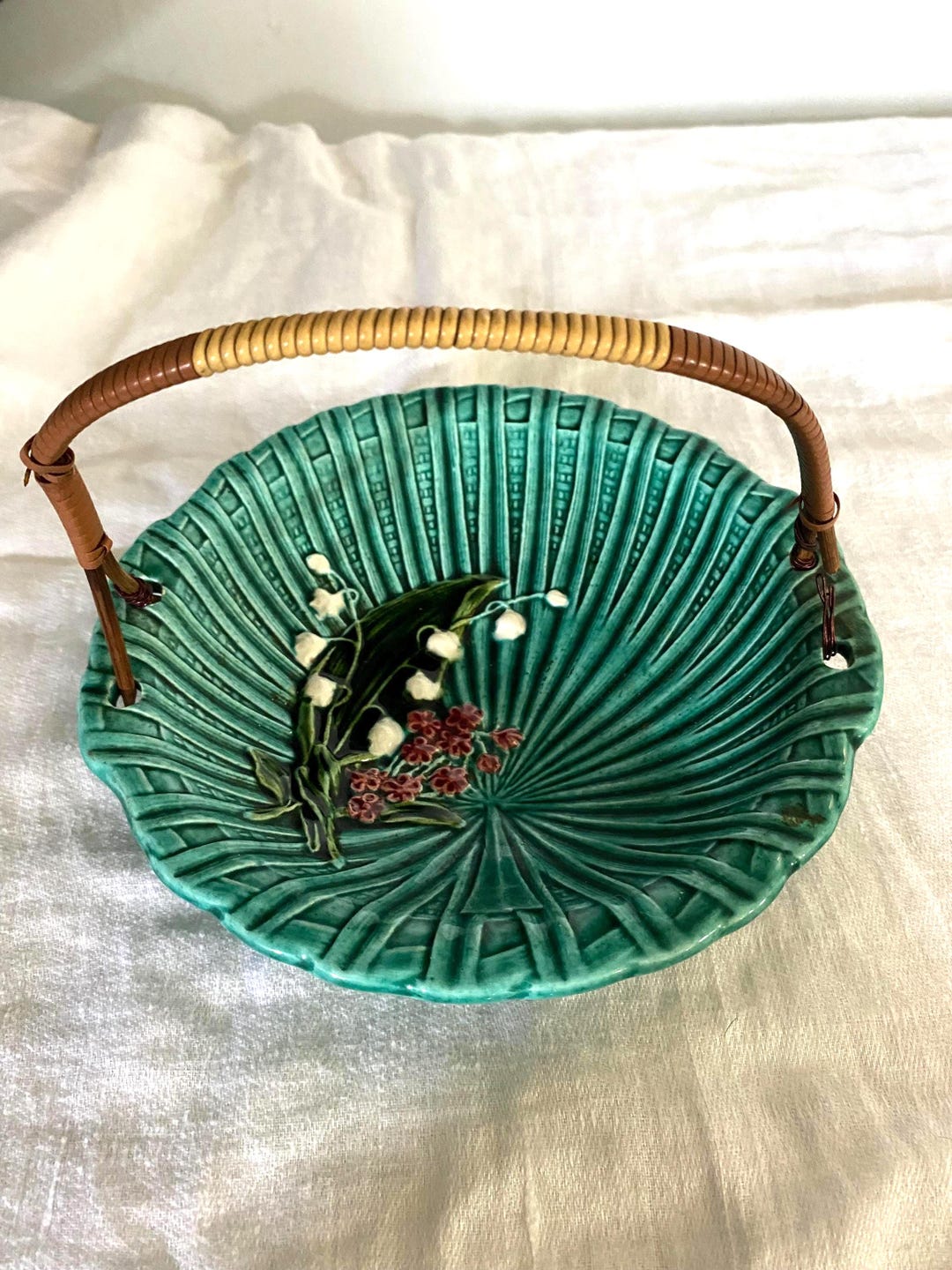 1920s Majolica Lilly of the Valley Bowl With Handles - Detached Handle ...