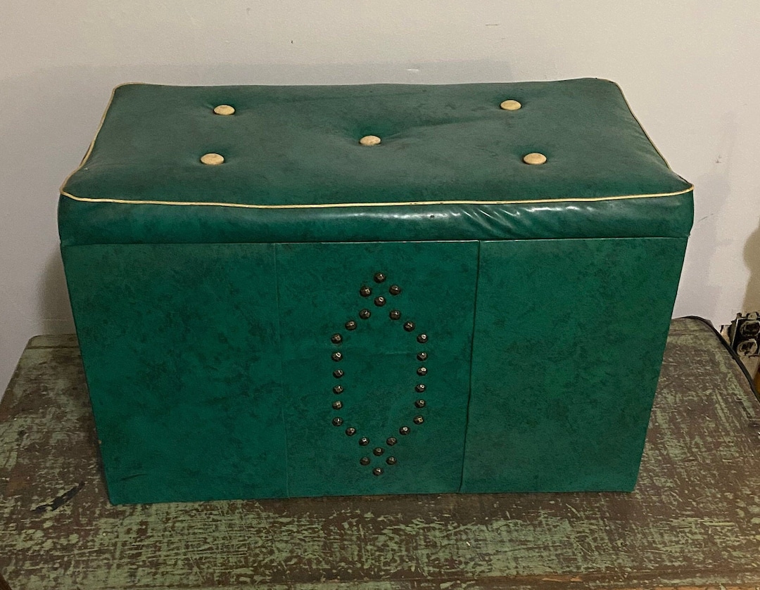 MCM Ottoman - Green Vinyl Storage Ottoman With Cream Piping Trim and ...