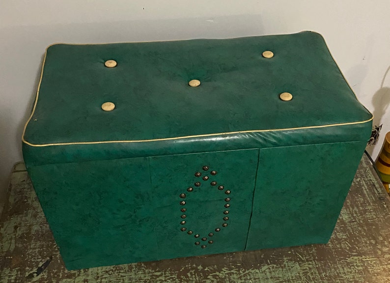 MCM Ottoman - Green Vinyl Storage Ottoman With Cream Piping Trim and ...