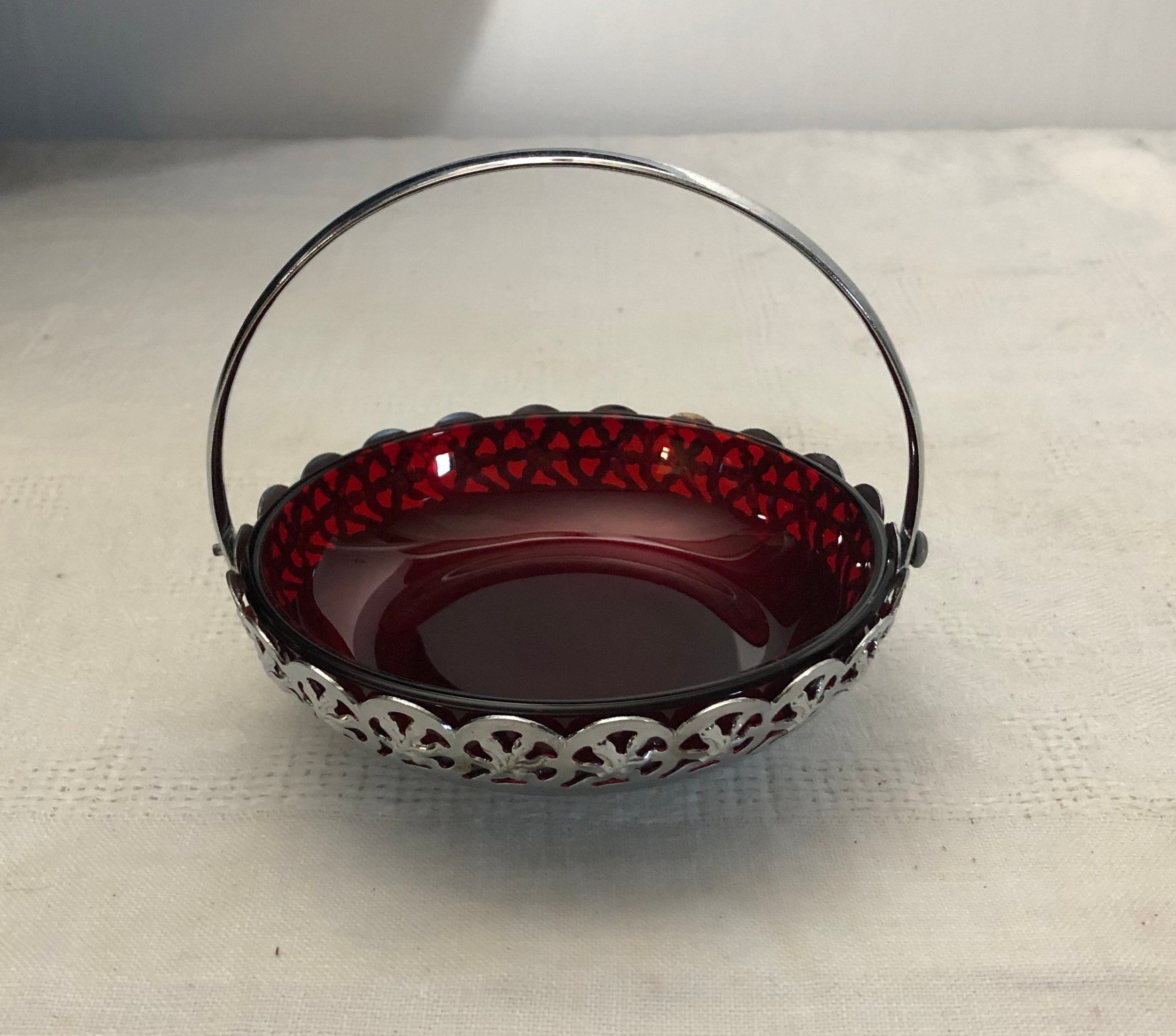 Vintage Ruby Red and Chrome Dish With Handle English Ruby - Etsy