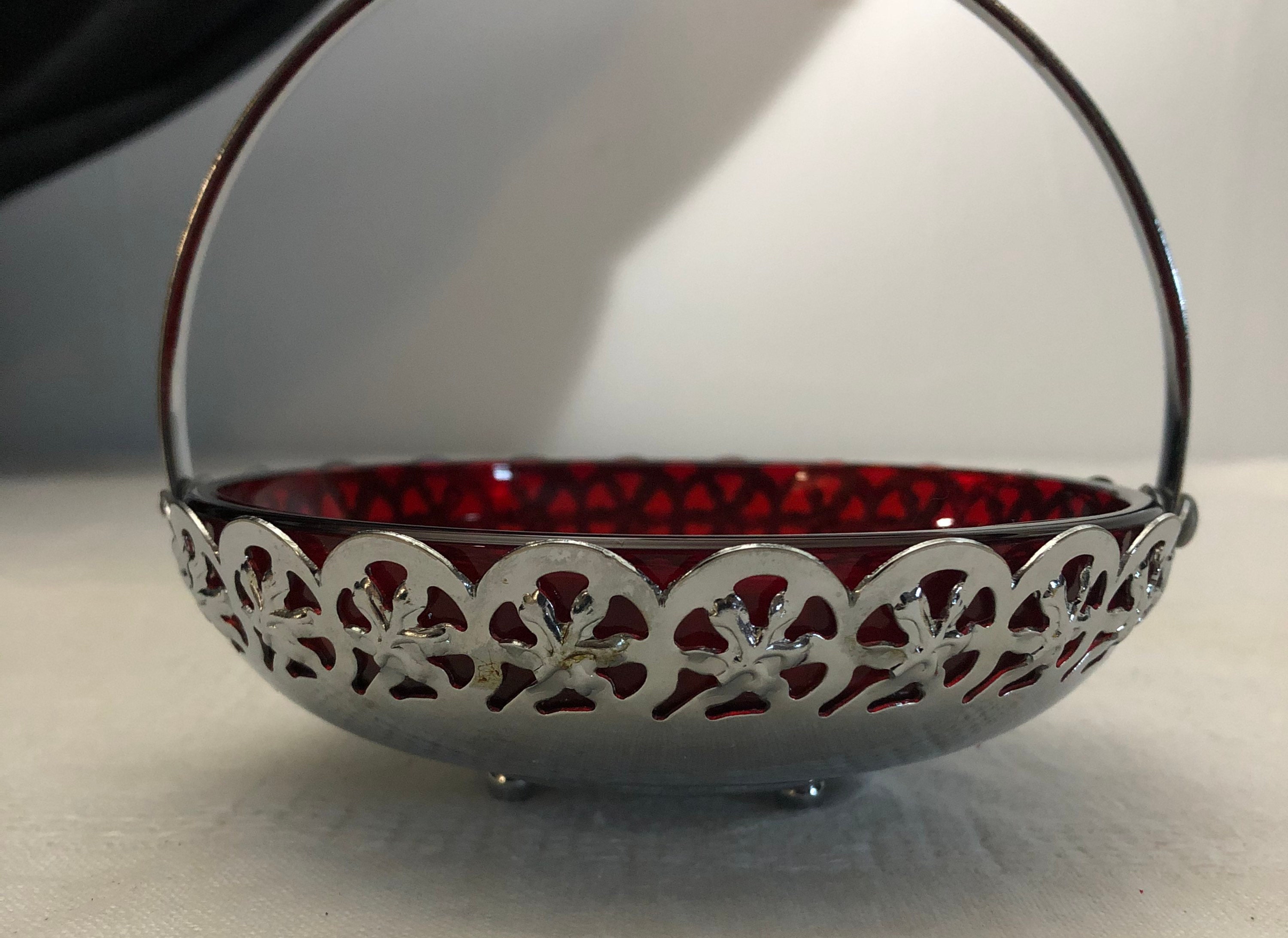 Vintage Ruby Red and Chrome Dish With Handle English Ruby - Etsy
