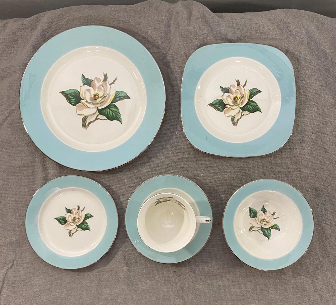 Setting of Lifetime China White Magnolia Turquoise China - Six Piece ...