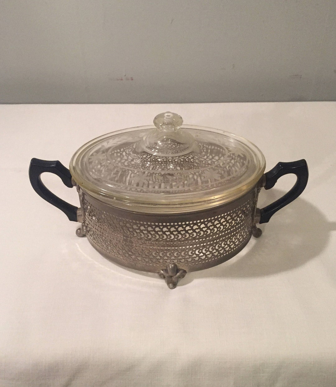 Vintage Pyrex Casserole Dish - Etched Glass Top - Footed Silver Plated ...