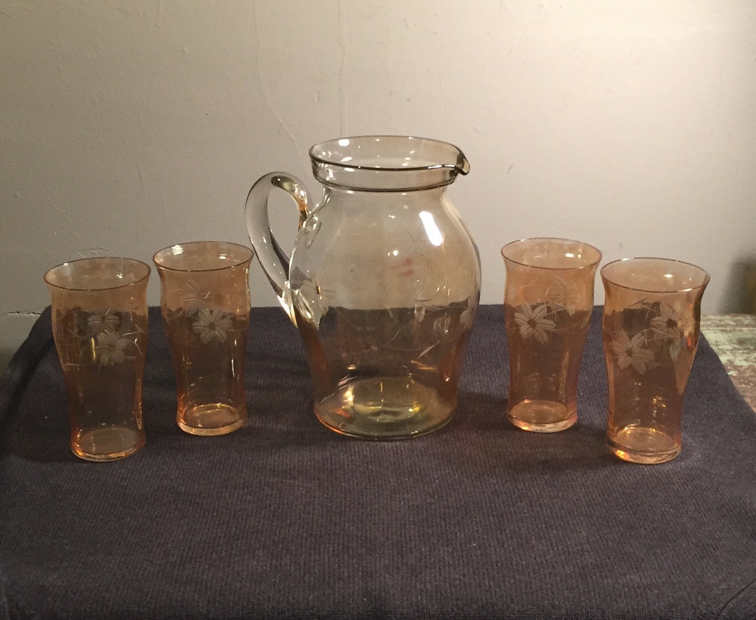 SET of Etched Glass Pitcher and Glasses - Delicate Light Amber Glass ...