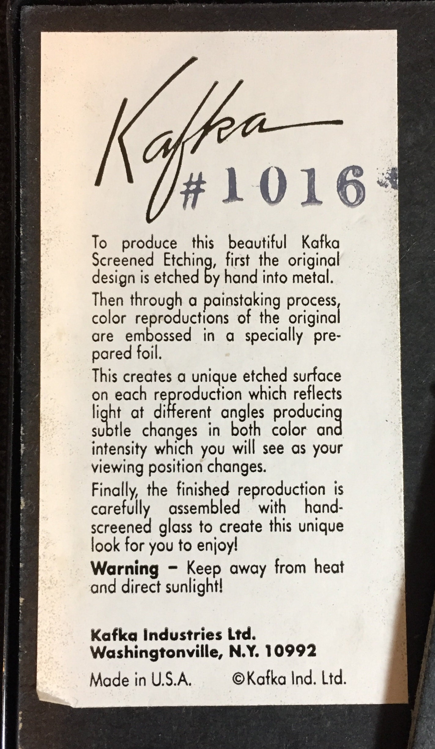 Kafka Foil Etching Vintage Screened Foiled Etching Glass Art | Etsy