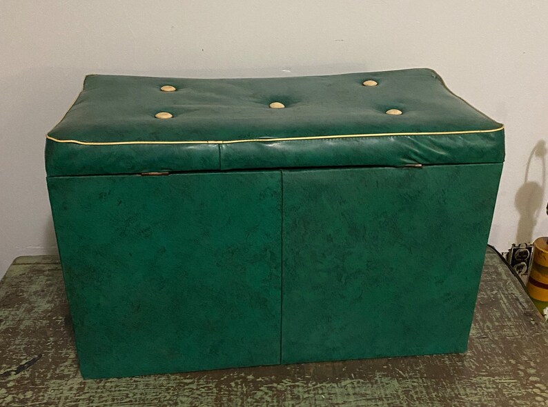 MCM Ottoman - Green Vinyl Storage Ottoman With Cream Piping Trim and ...