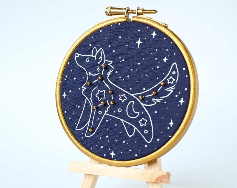 Constellation Wolf fabric art print with embroidery kit option | Etsy