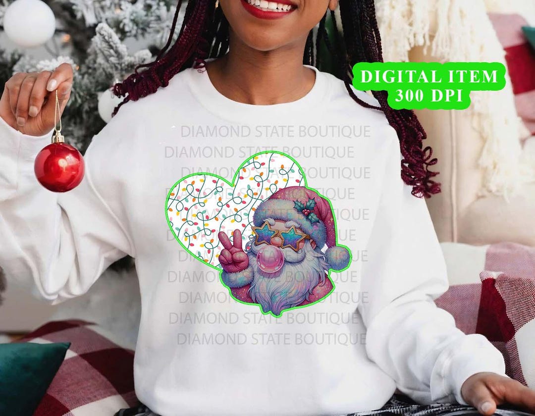 Christmas Santa Peace Sign and Heart Faux Embroidery PNG, Sublimation ...