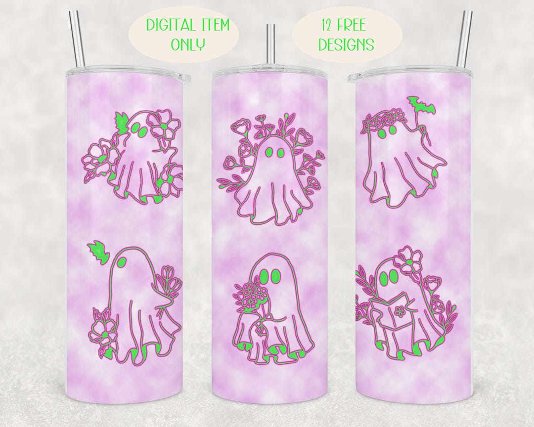 Halloween Neon Ghosts Pink and Green Glow 20 Oz Skinny Tumbler Wrap PNG ...