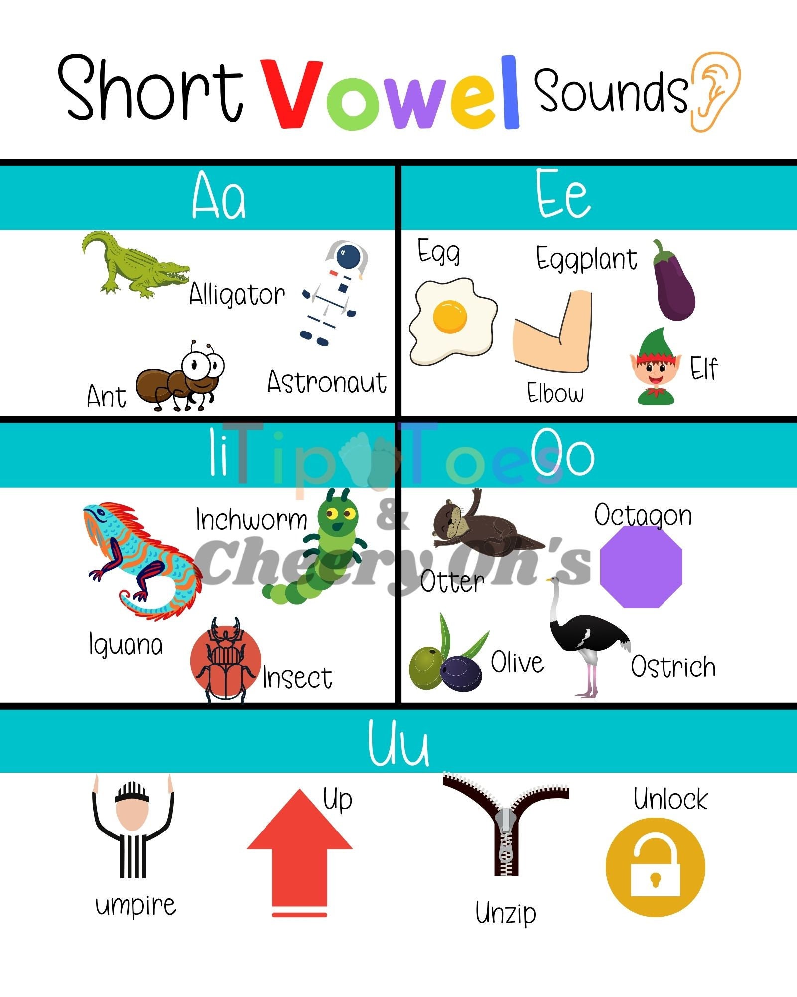 Short Vowel Sounds, Vowel Chart, Educational Poster, Short Vowel Words ...