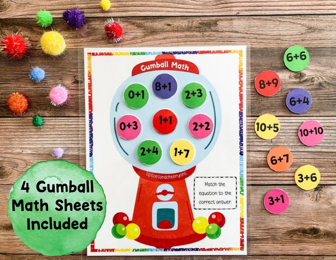 Addition, Math Worksheets, Gumball Math Game for Kids, Counting 1-20 ...