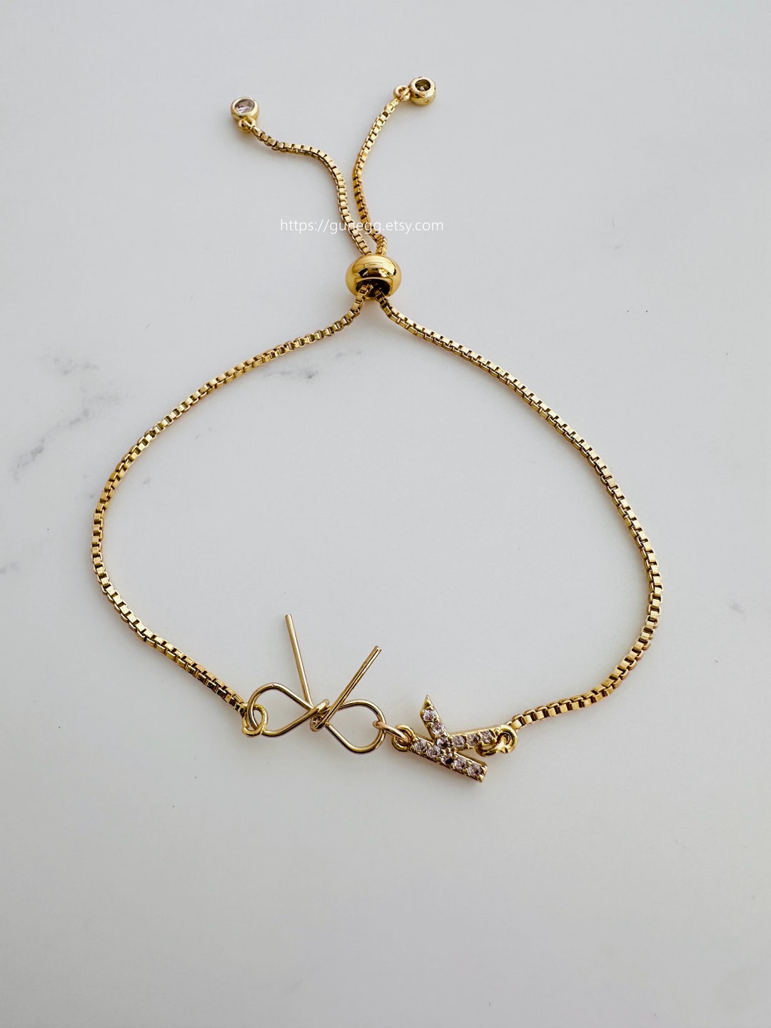 Personalized Initial Bow Box Chain Bracelet Dainty Delicate Gold ...