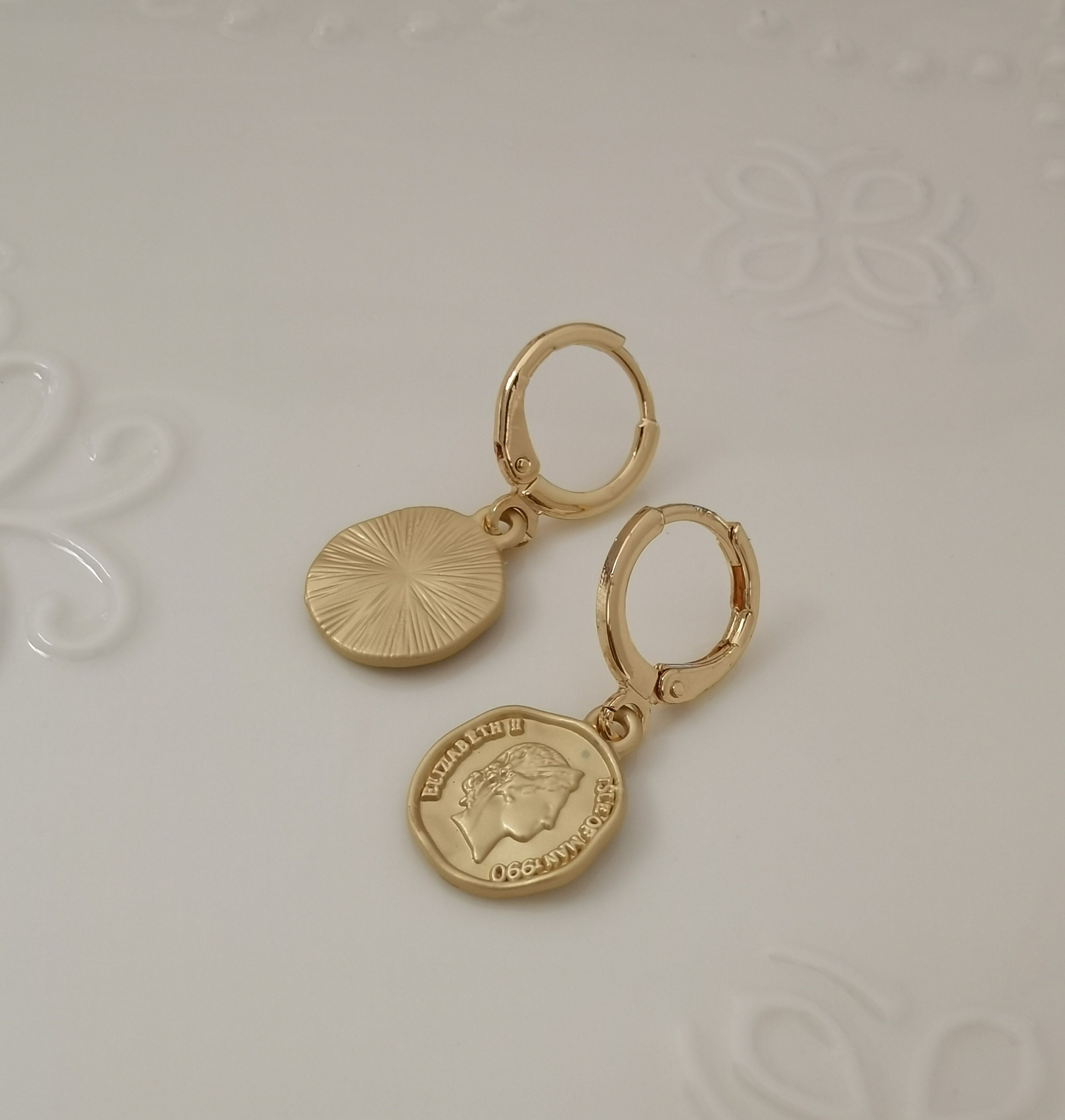 Gold queen Elizabeth coin earring endless hoops huggies dangle | Etsy