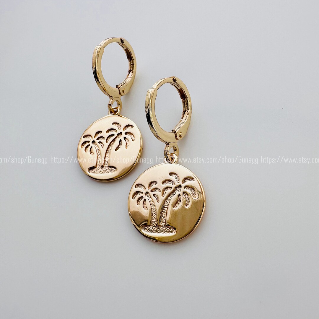 Gold Palm Tree Hoop Earring Endless Hoops Huggies Dangle Earring Simple ...