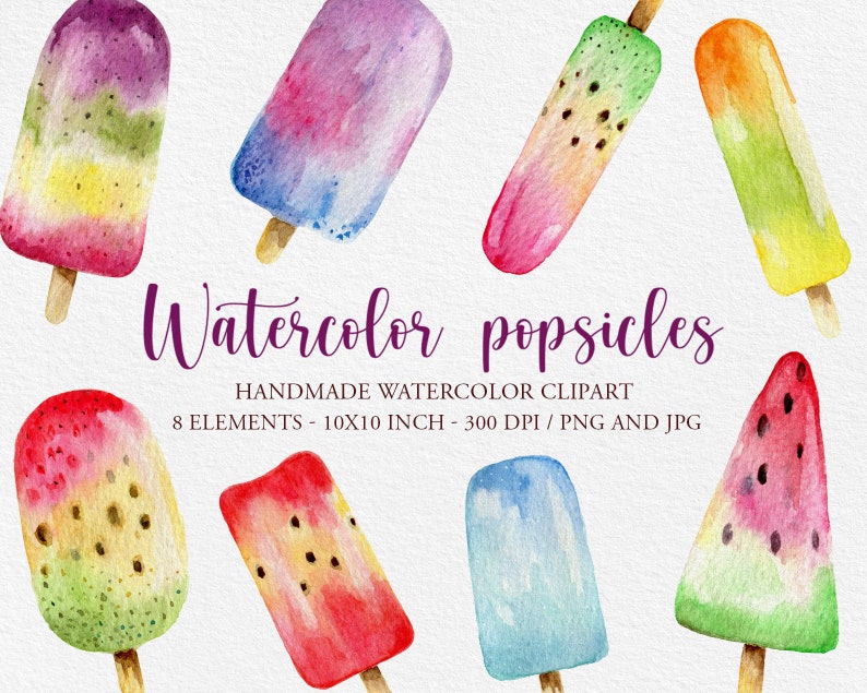 Popsicle Clipart, Watercolor Clipart, Hand Painted Colorful Summer ...