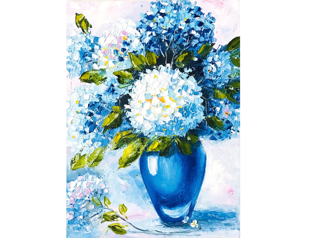 Hydrangea Painting on Canvas Impasto Painting White Blue Hydrangea ...