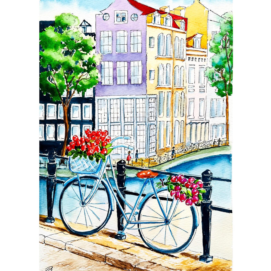 Amsterdam Painting Original Watercolor Cityscape: Netherlands Art 8x12 ...