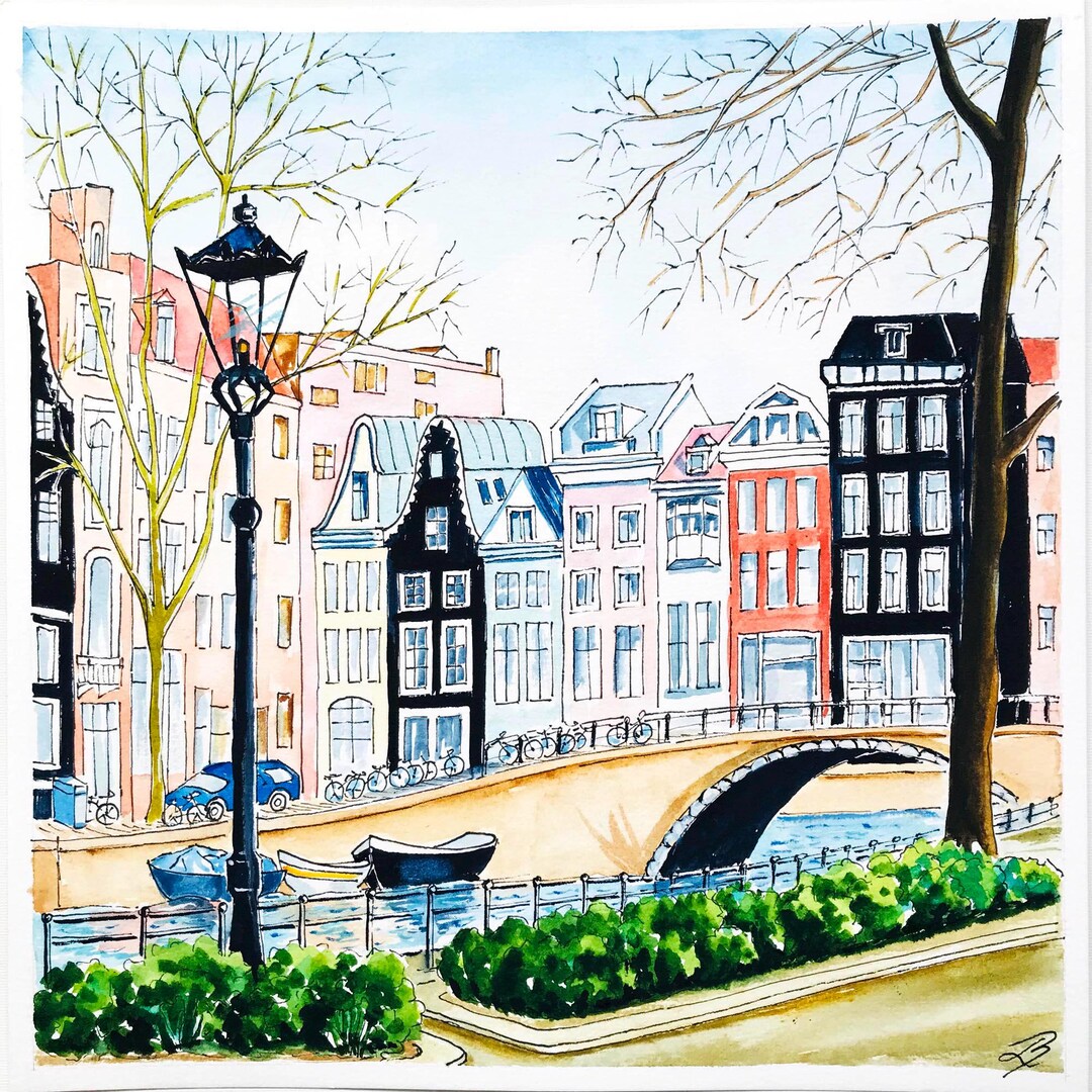 Amsterdam Painting Original Watercolor Cityscape Art: Netherlands Decor ...