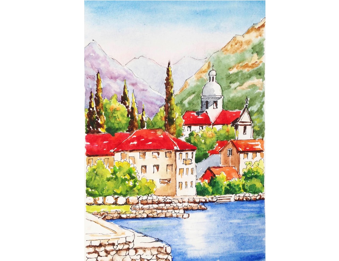 Montenegro Painting Mediterranean Decor Watercolor Painting ...