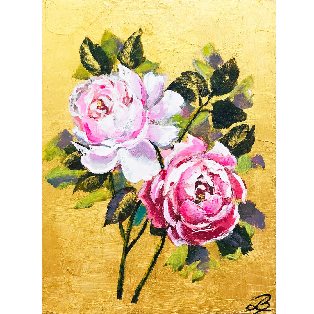 Rose Painting Wall Art Book Shelf Decor Gold Artwork Pink Rose Romantic ...