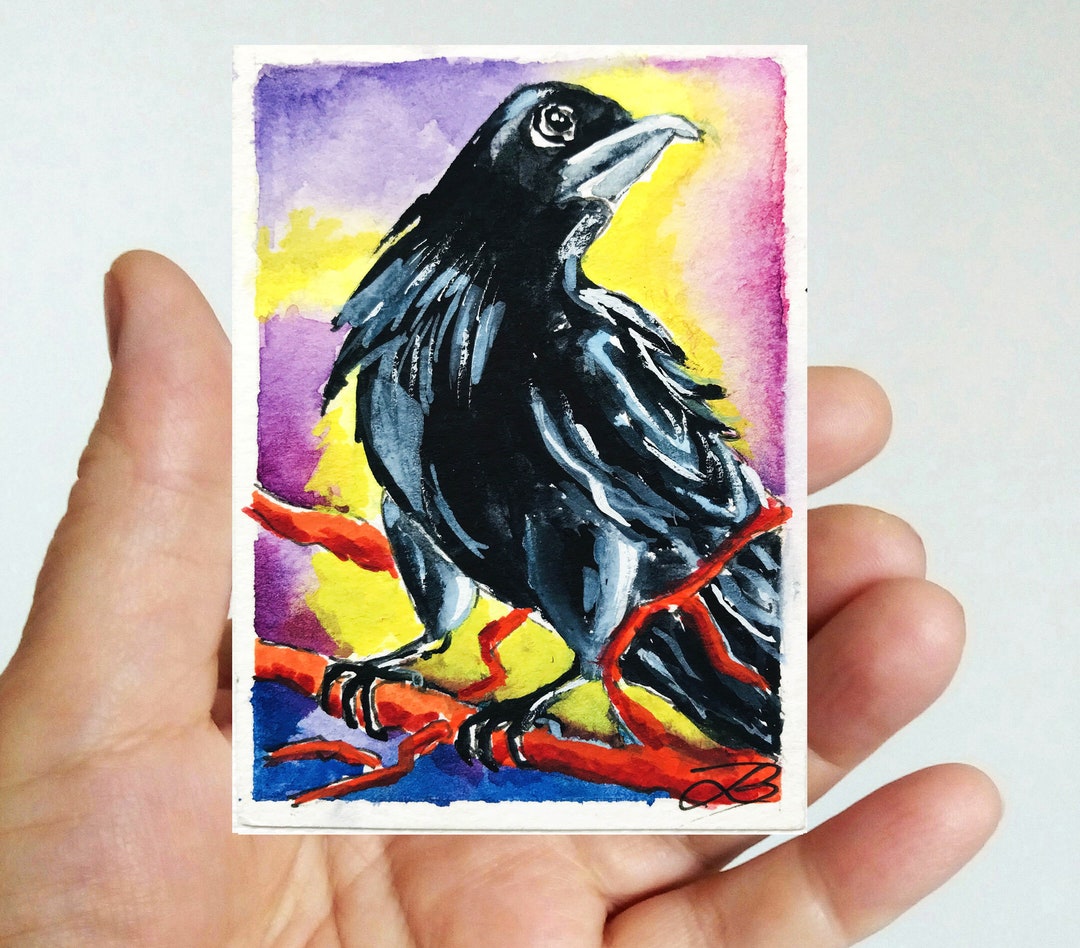 Raven Painting ACEO Original Art Watercolor Animal Artwork Small ...