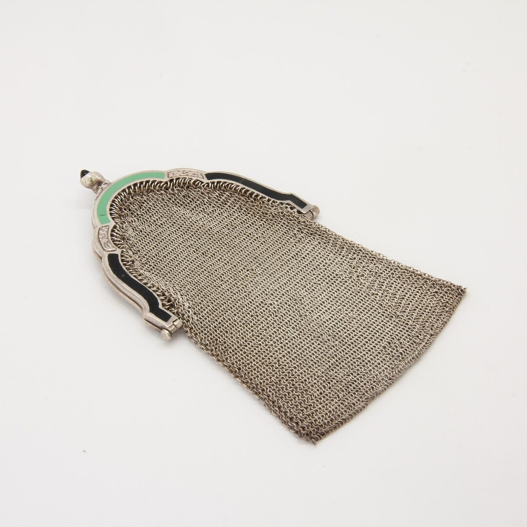 Antique 1920s German Silver Mesh Coin Purse With Green & Black Enamel ...