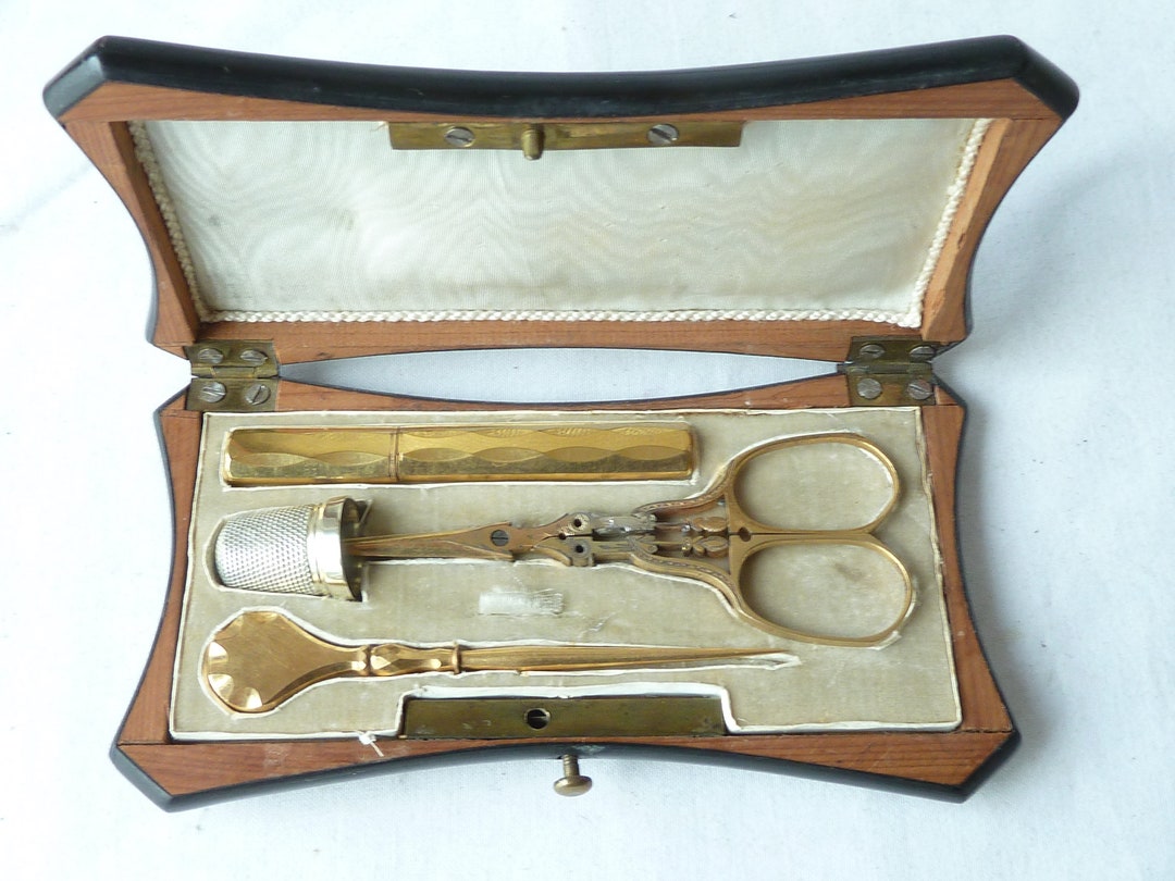 Antique French Sewing Set Necessaire Etui Box Inlaid Ebony Silver Thimble - Etsy