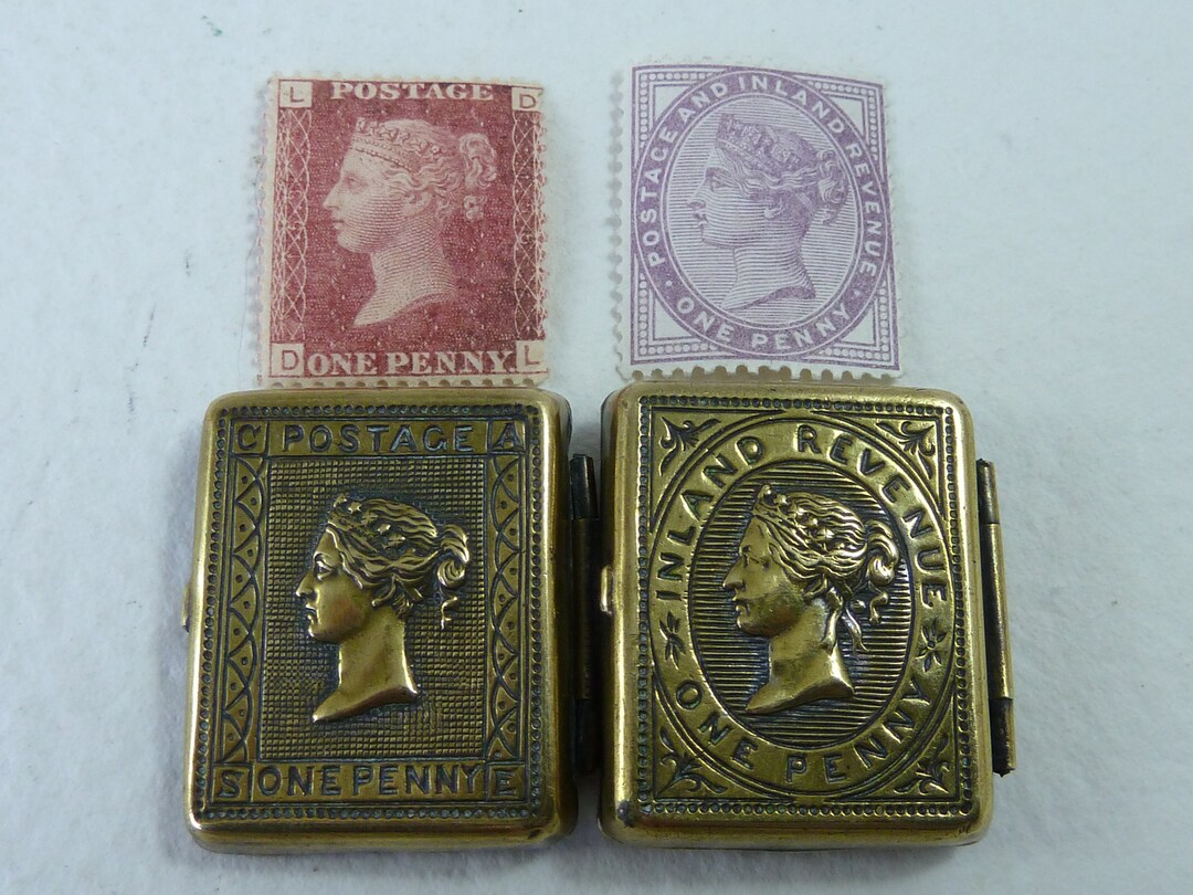 1874 Victorian Postage Stamp Case Holder 2 Section Brass 3 Fold Antique ...