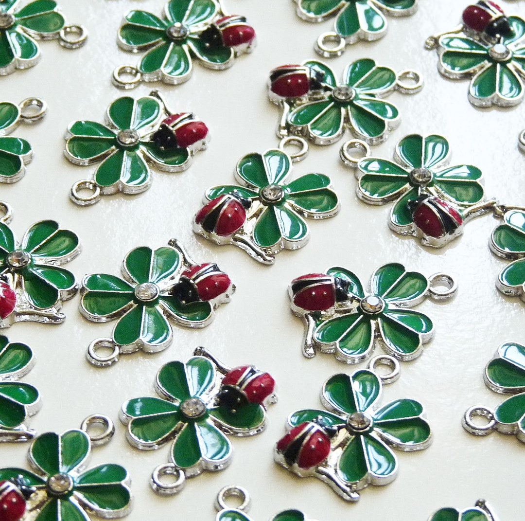 3x Ladybug Clover Charm, Ladybird on Green Four Leaf Clover Enamel ...