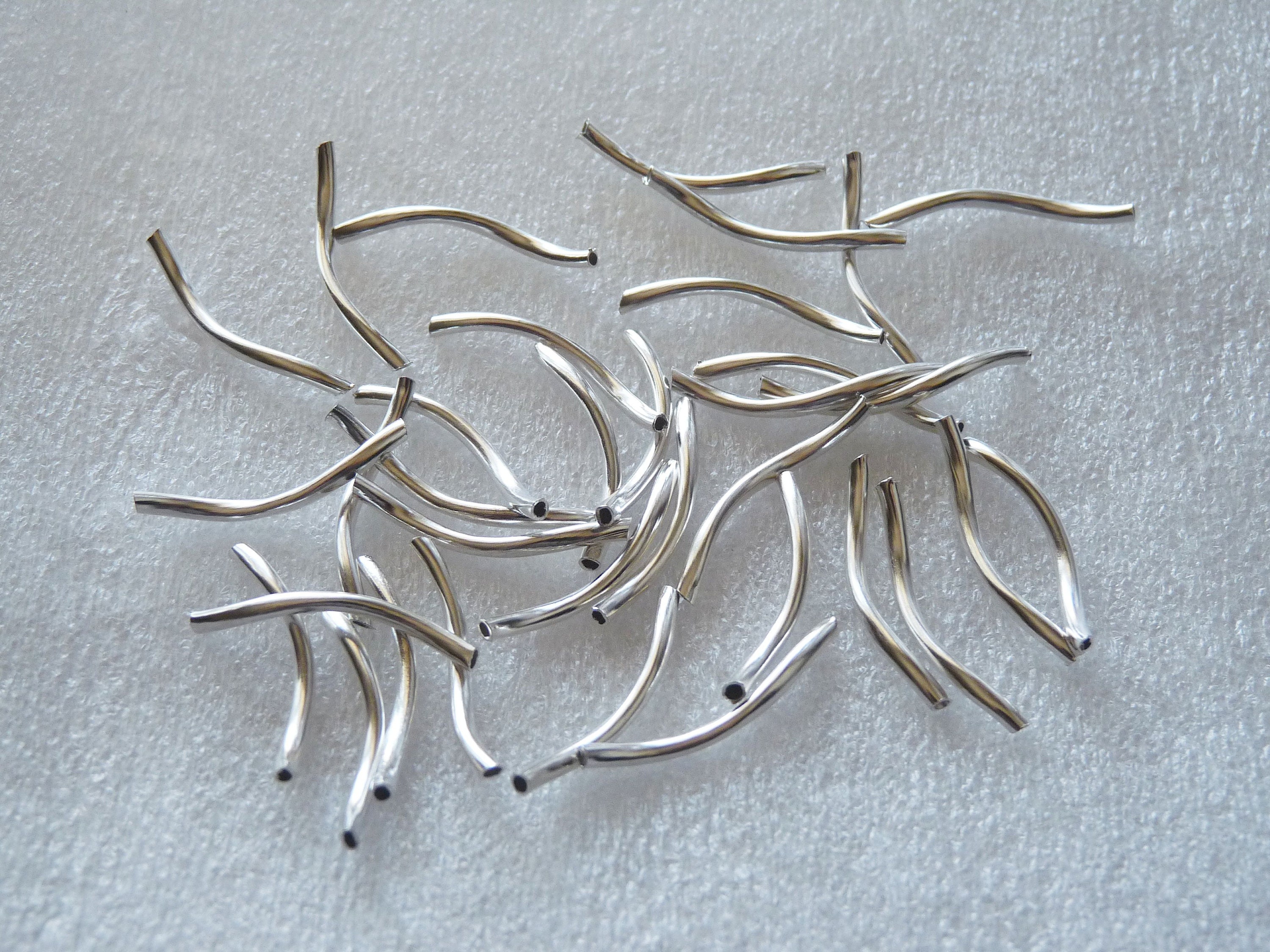 20x Silver 25mm Long Tube Curved Beads, Silver Color Elbow Noodle Wave ...