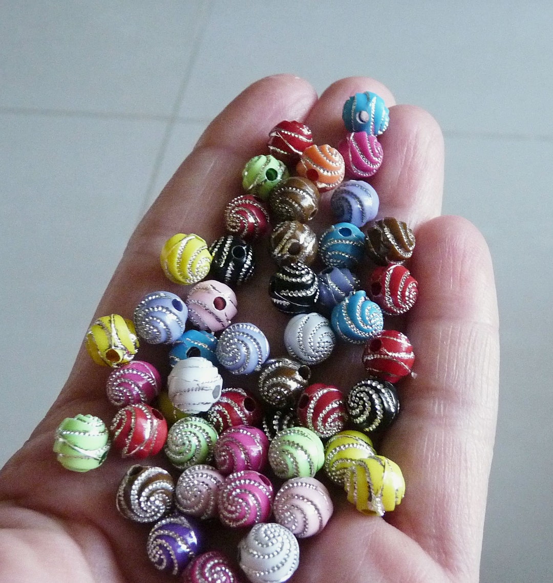 30x Mixed Colorful Silver Swirl Round Beads, Acrylic 8mm Loose Beads ...