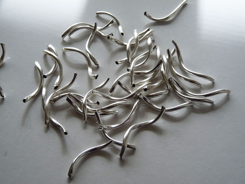 20x Silver 25mm Long Tube Curved Beads, Silver Color Elbow Noodle Wave ...