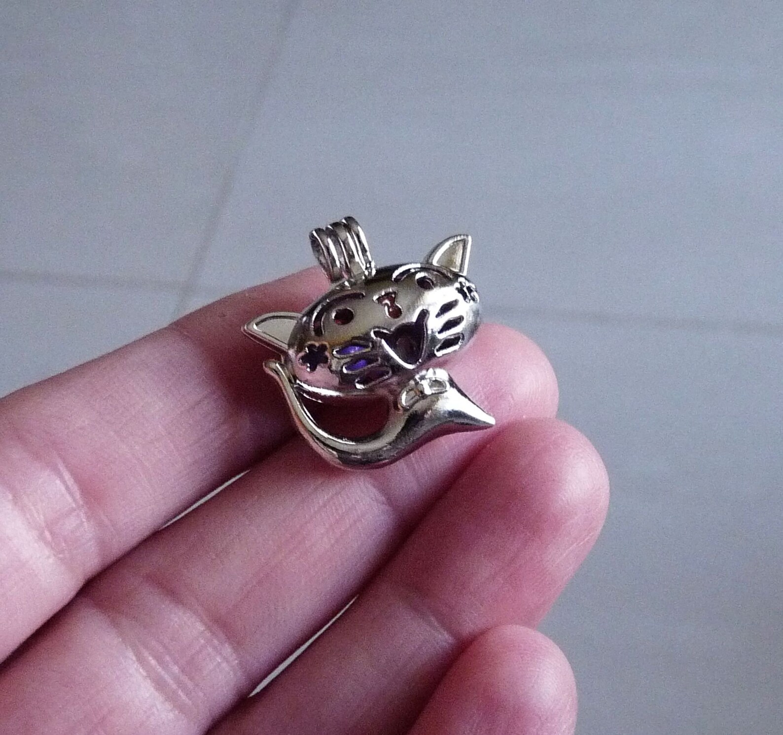 1x Cat Pearl Cage Pendant, Silver Tone Kitten Bead Holder, Free ...