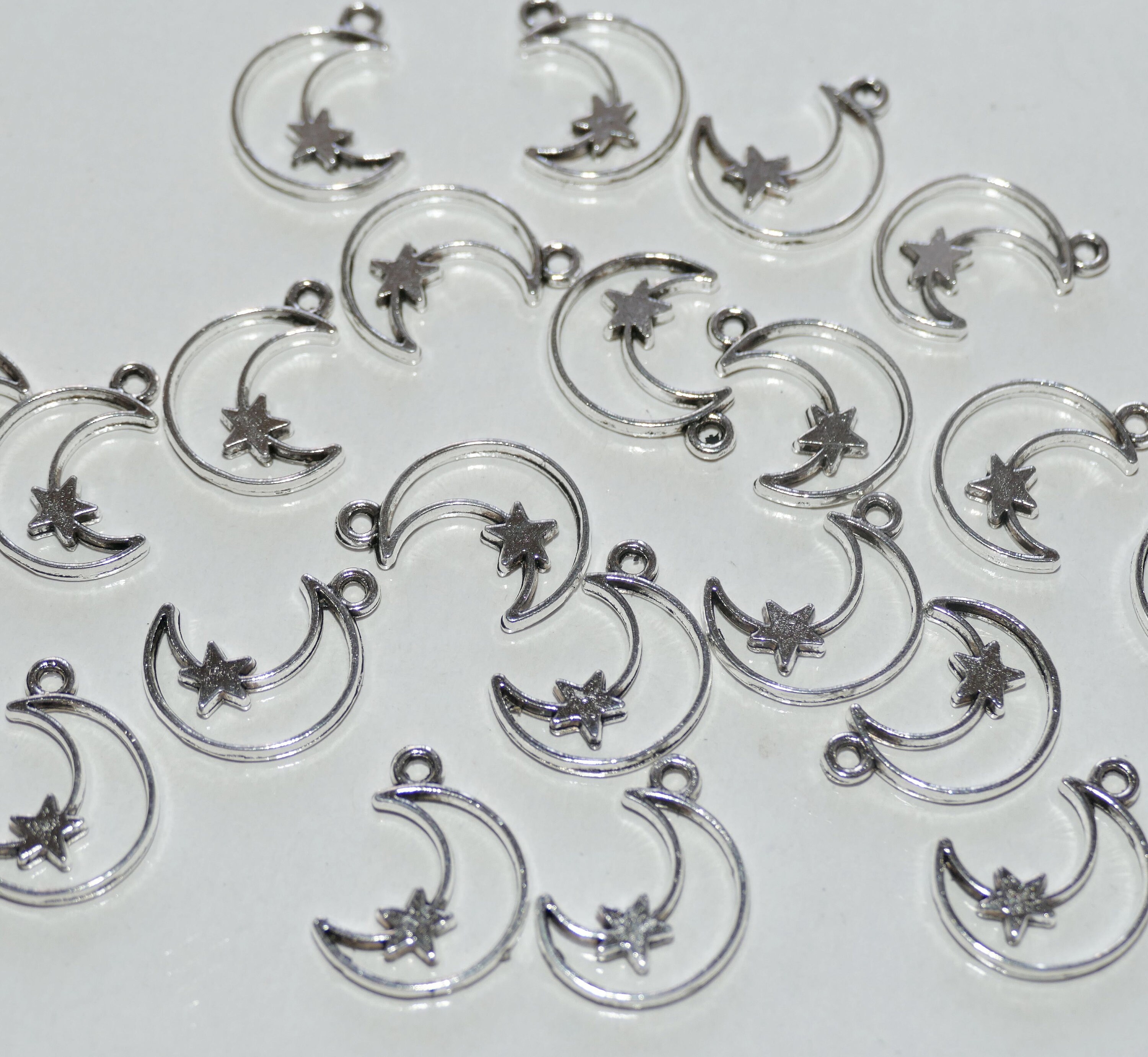 25x Crescent Moon Star Bulk Charms Double Sided Antique - Etsy