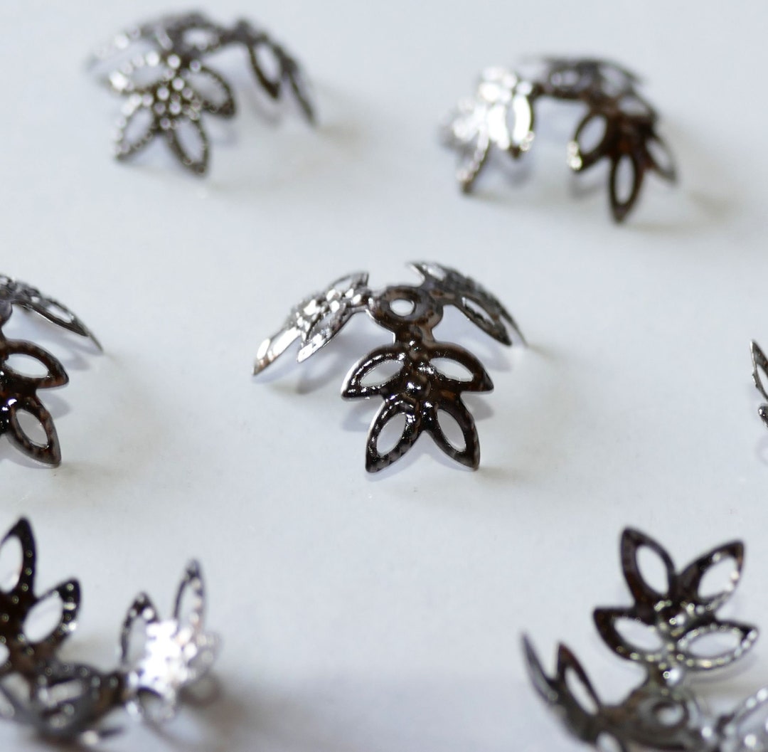 20x Black/copper Flower Bead Caps, 12mm Filigree Three Leaf Ornate Bead ...