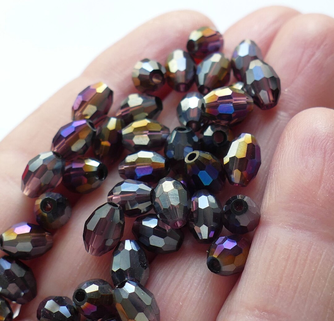 12 Dark Purple AB Crystal Beads, Rainbow Color Glass 6x8mm Oval Beads ...