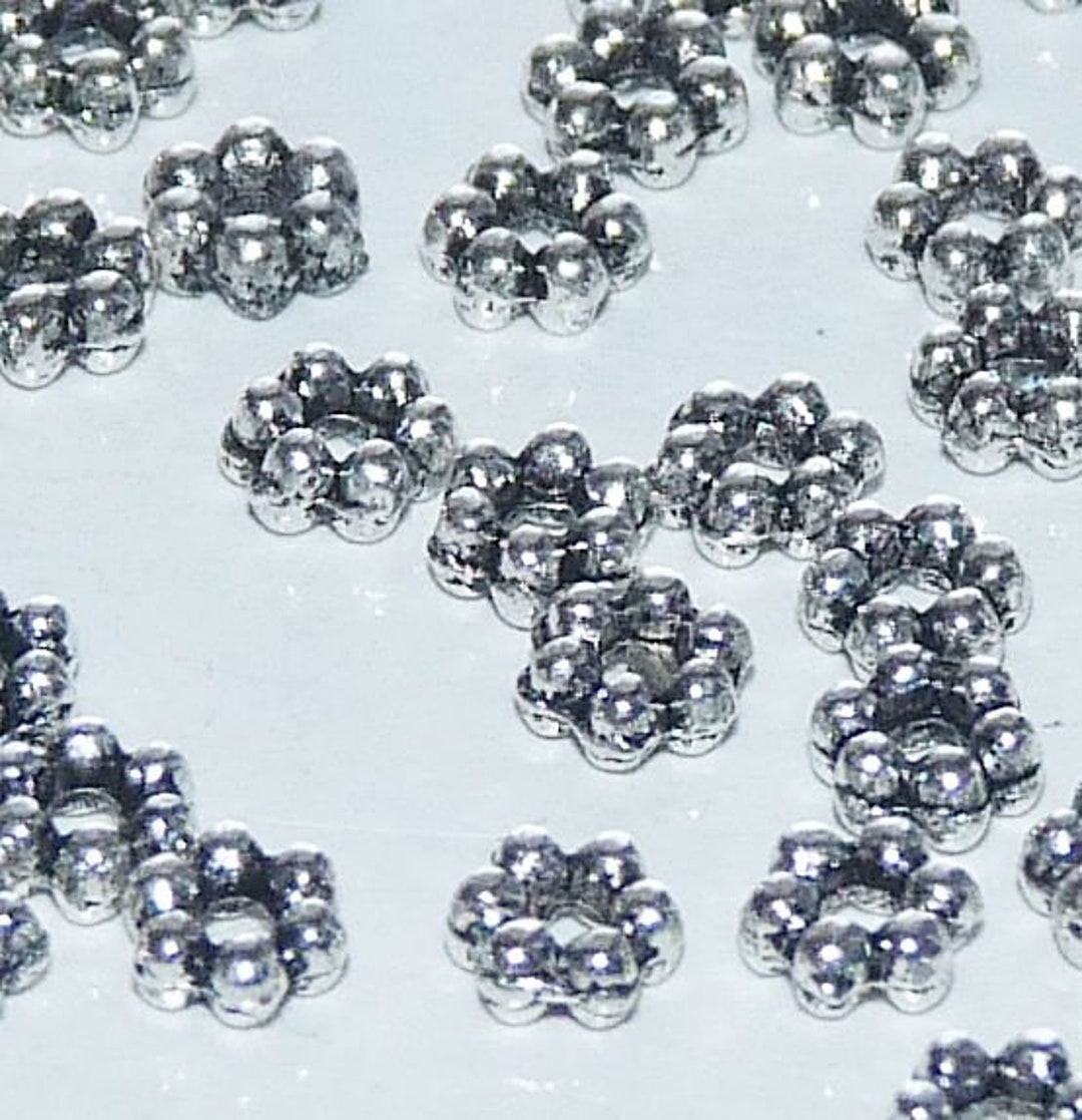 50x Flower Daisy Spacer Beads, 3mm Antique Silver Tone Metal Flower ...