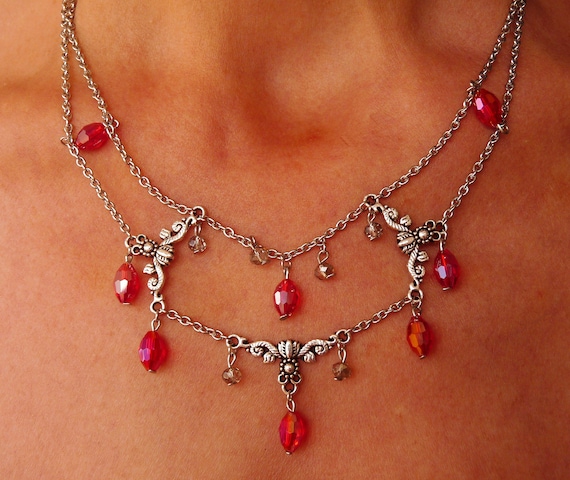 Red Crystal 2 Strand Stainless Steel Necklace Hypoallergenic - Etsy