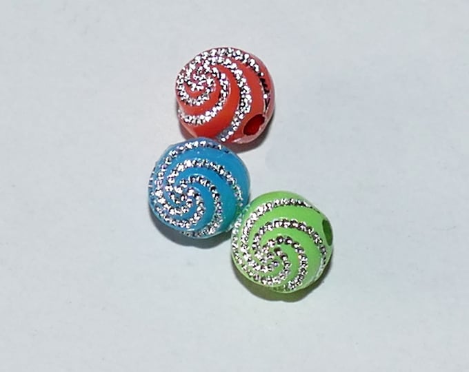 100 Rainbow Assorted Swirl Acrylic Beads 8mm Metallic Silver Bling ...