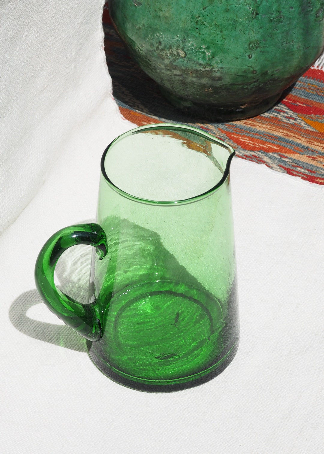 Recycled Moroccan Green Cone Glass Jug, Sustainable, Handmade ...