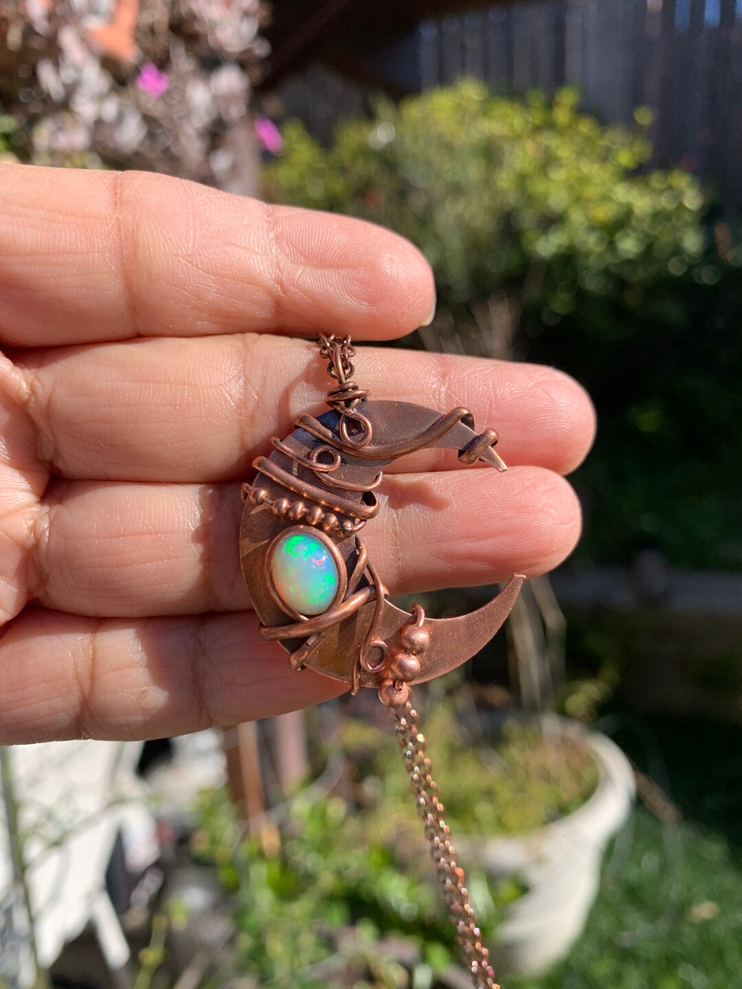 Opal Crescent Moon Wire Wrap Copper Talisman Swirl Bead Artisan ...