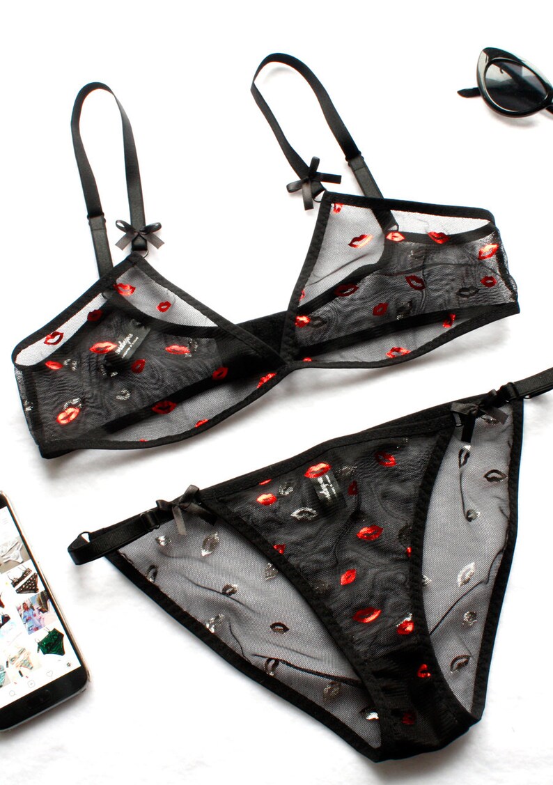 Sheer Lingerie Set With Red Lips Sexy Lingerie Erotic Lingerie Etsy