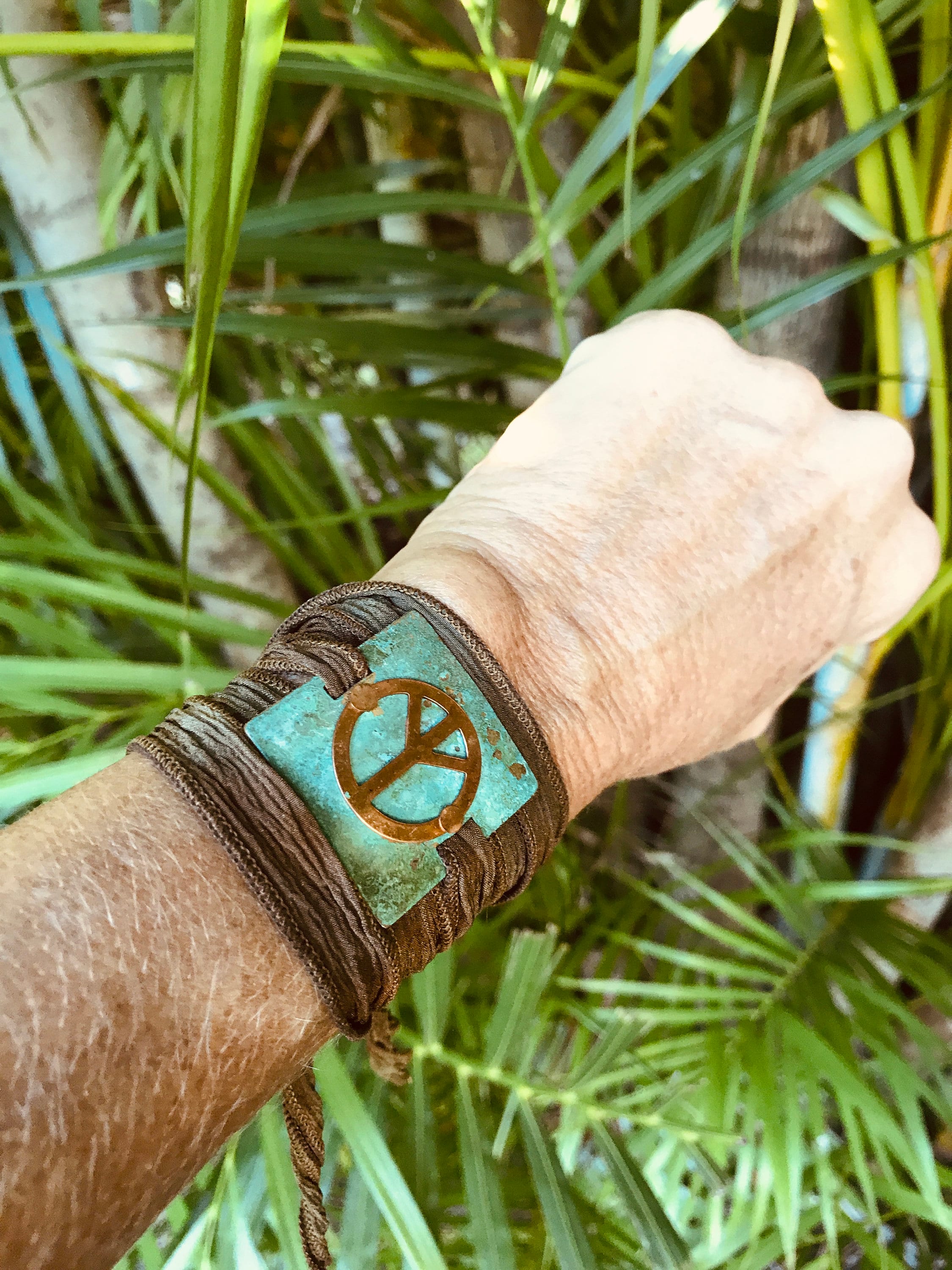 Copper Peace Sign on Patina Brass With Brown Silk Ribbon - Etsy