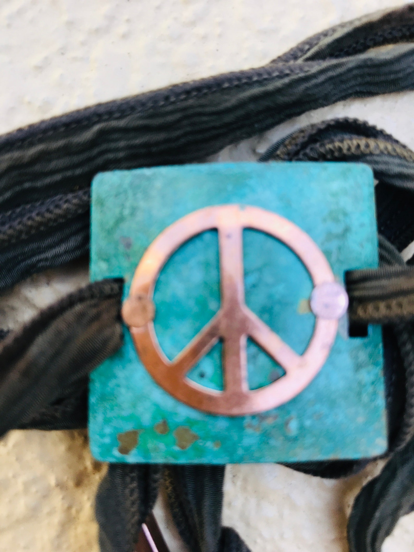 Copper Peace Sign on Patina Brass With Brown Silk Ribbon - Etsy