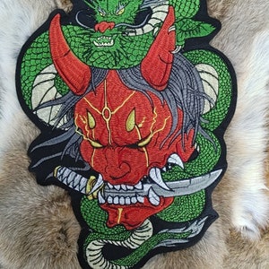 Big Red Oni Demon & Green Dragon Iron-on Embroidered Patch Asian ...