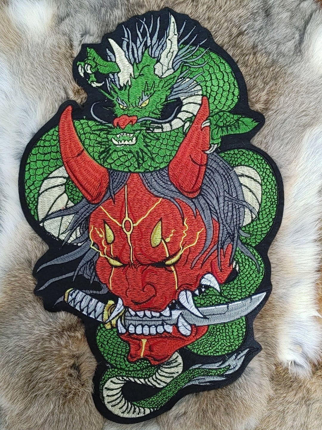 Big Red Oni Demon & Green Dragon Iron-on Embroidered Patch - Asian ...