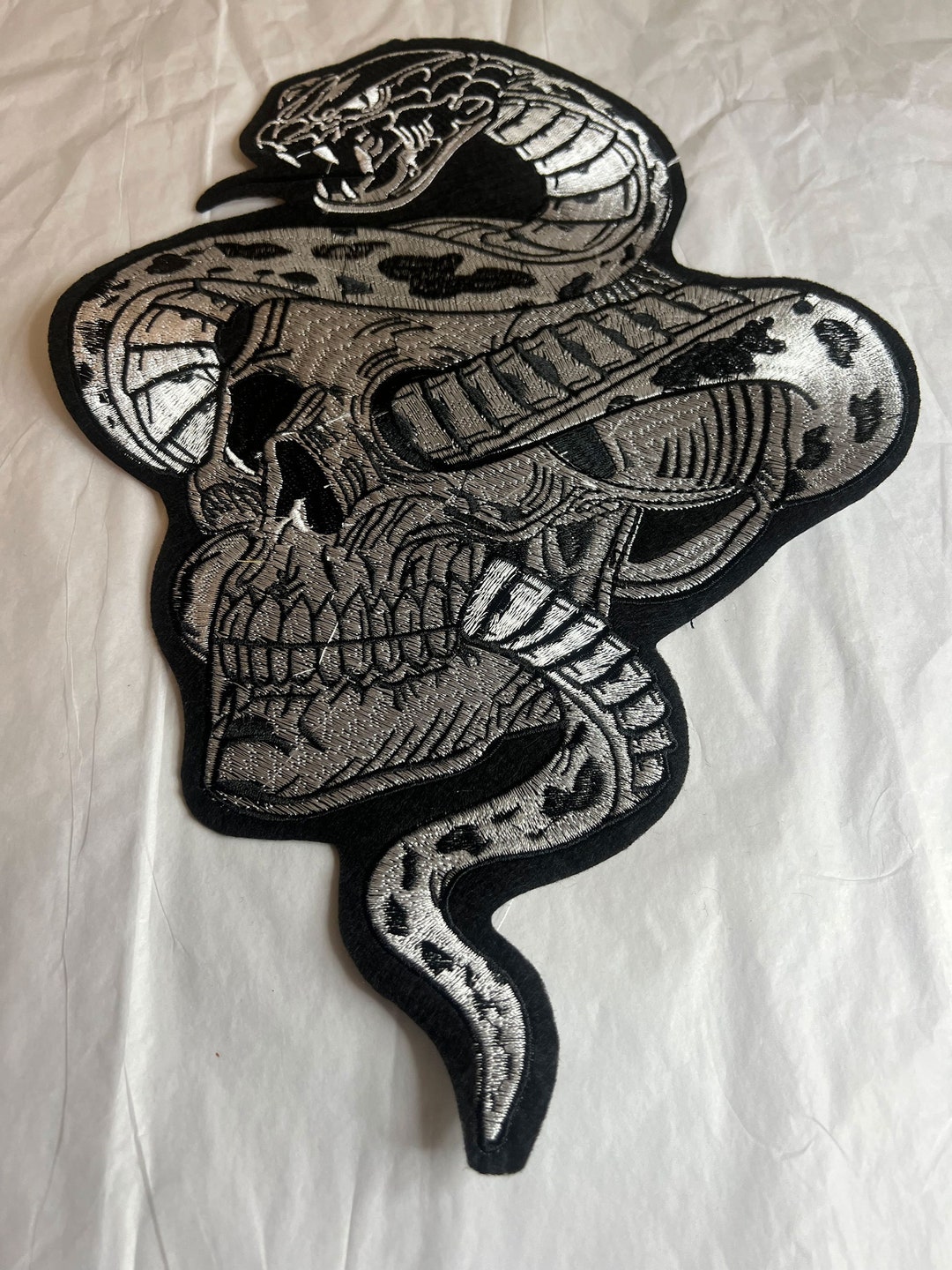 Big Silver & Black Skull With Viper Snake Iron-on Embroidered Patch ...