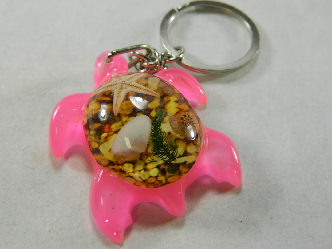Beach Life Salt Water Turtle Key Chain Keyring Hot Pink Lucite Resin ...