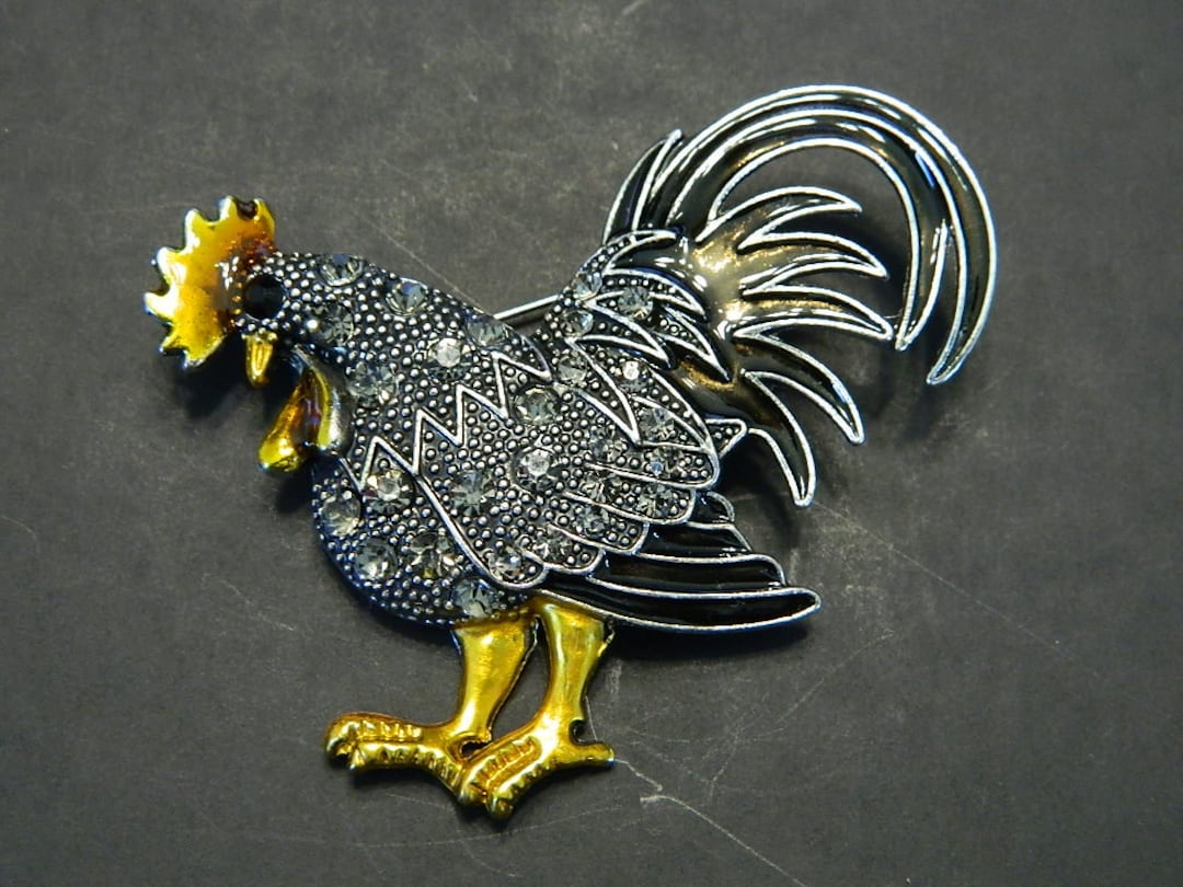 Big Rooster Yellow Comb Brooch Pin - Silver Dotted Brushed Enamel ...